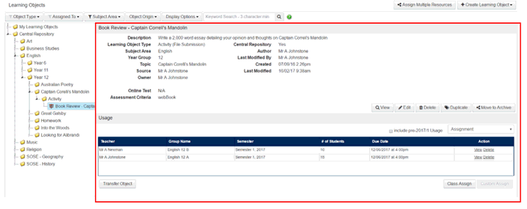 Learning Objects Details Screen